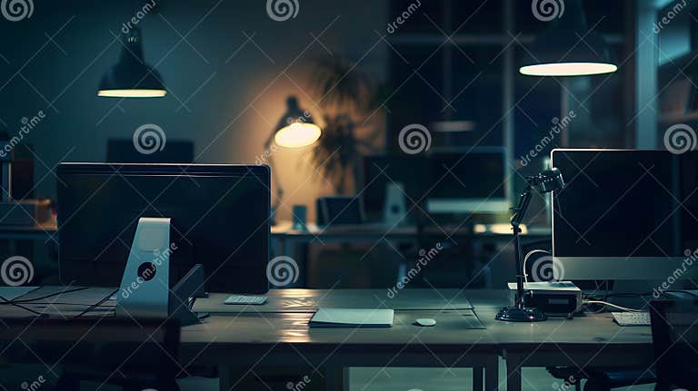 Generative AI Empty Modern Workspace with Computers Arranged on Table Business Concept. Stock ...