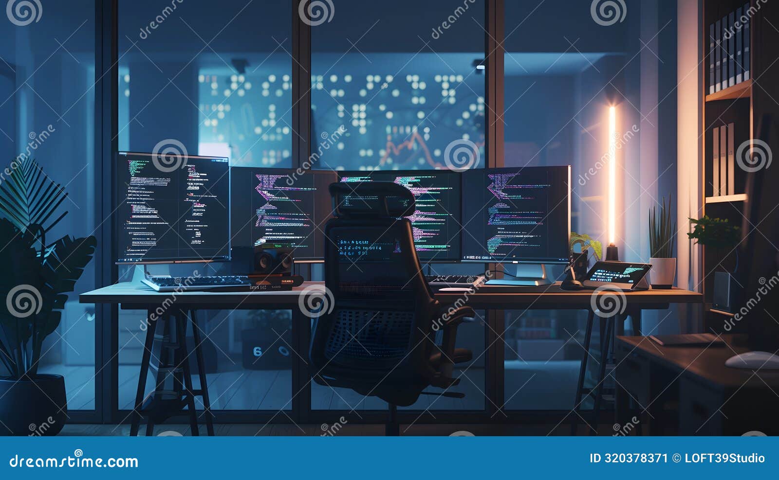 Generative AI Empty Software Developer Office Workplace with a Desk with Multiple Computer ...