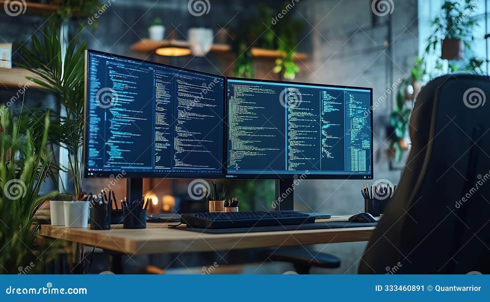 Generative AI Empty Software Developer Office Workplace with a Desk with Multiple Computer ...