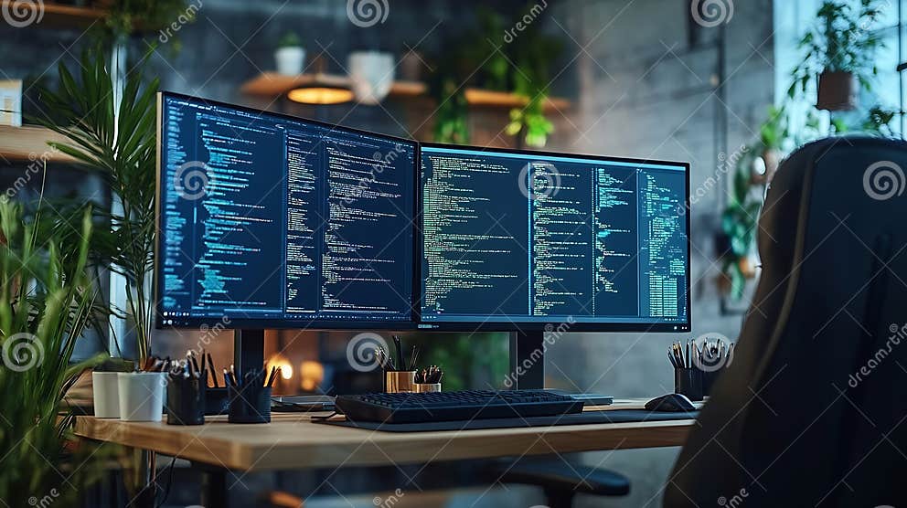 Generative AI Empty Software Developer Office Workplace with a Desk ...