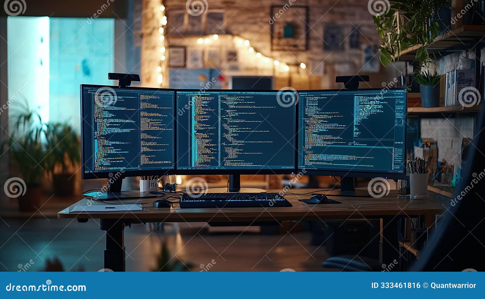 Generative AI Empty Software Developer Office Workplace with a Desk with Multiple Computer ...