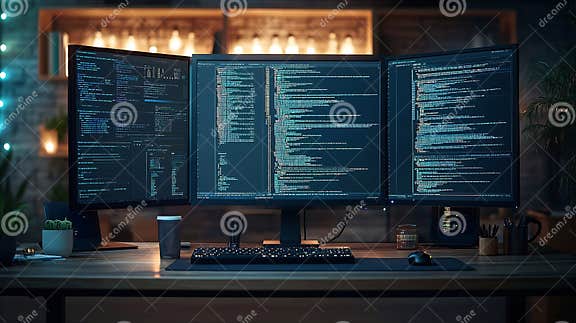 Generative AI Empty Software Developer Office Workplace with a Desk with Multiple Computer ...