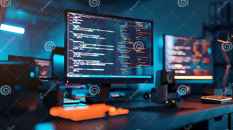 Generative AI Empty Software Developer Office Workplace with a Desk with Multiple Computer ...