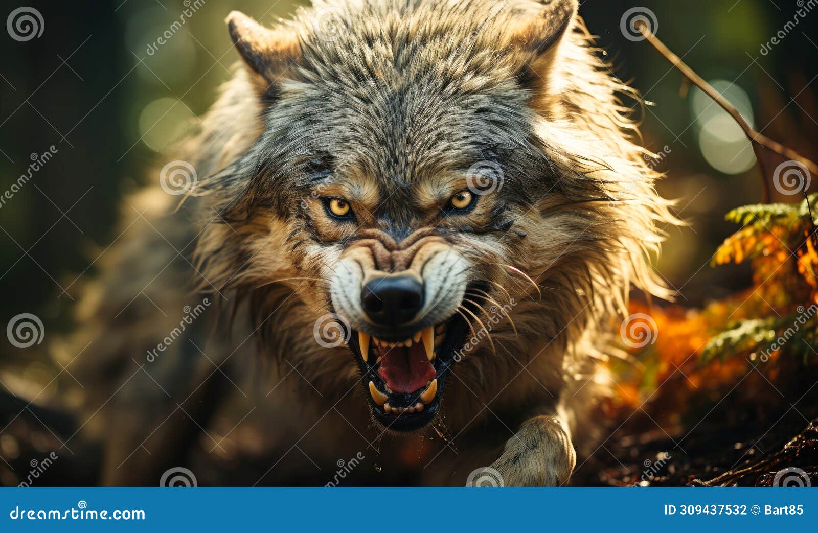 Ferocious Grey Wolf Snarling Aggressively in the Forest, Showcasing ...