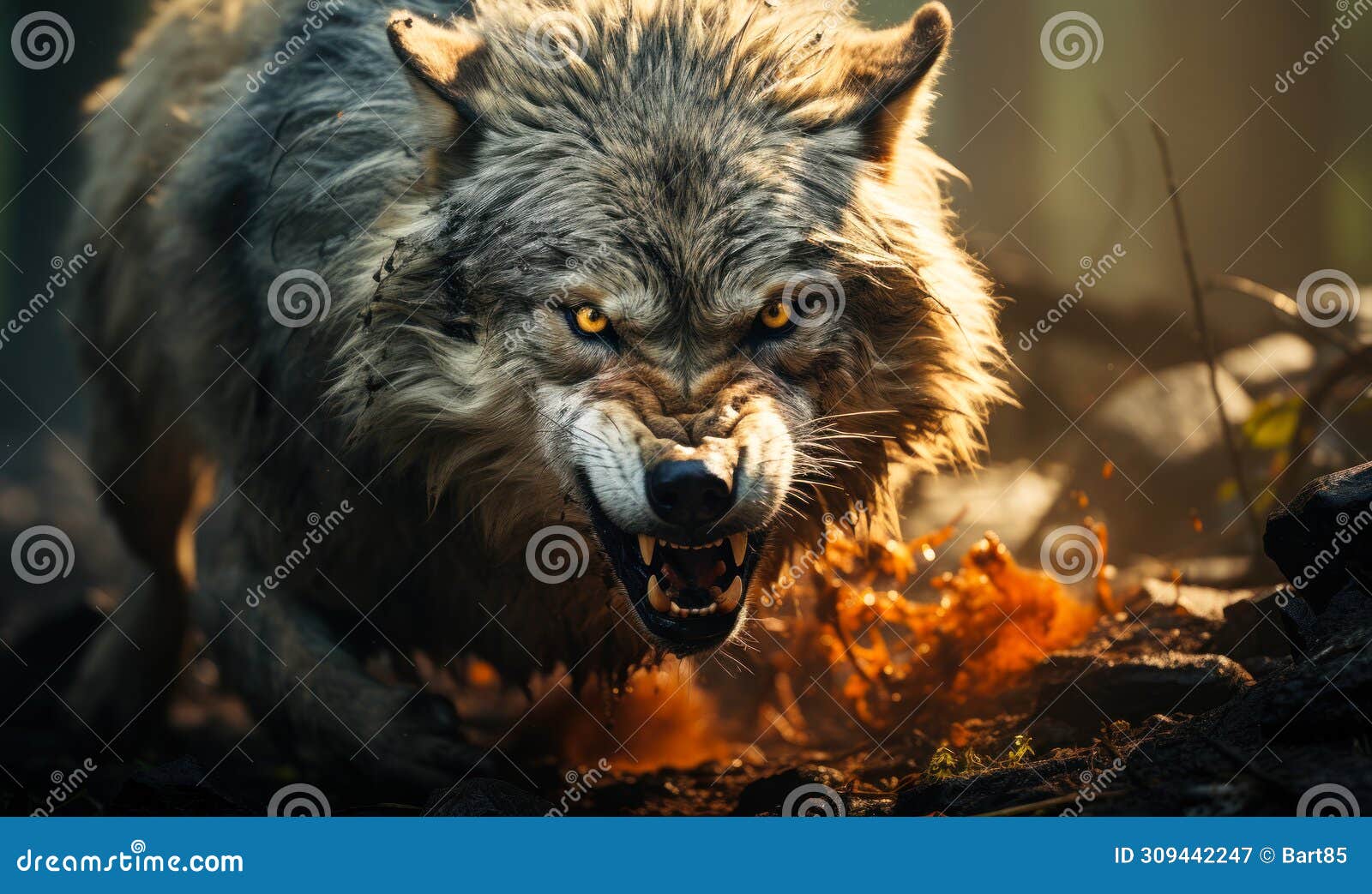 Ferocious Grey Wolf Snarling Aggressively in the Forest, Showcasing ...