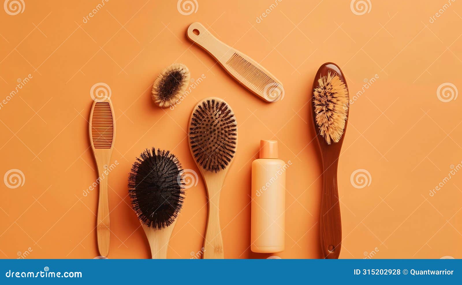 Generative Ai Flat Lay Composition With Wooden Brushes And Different Hair Products On Orange