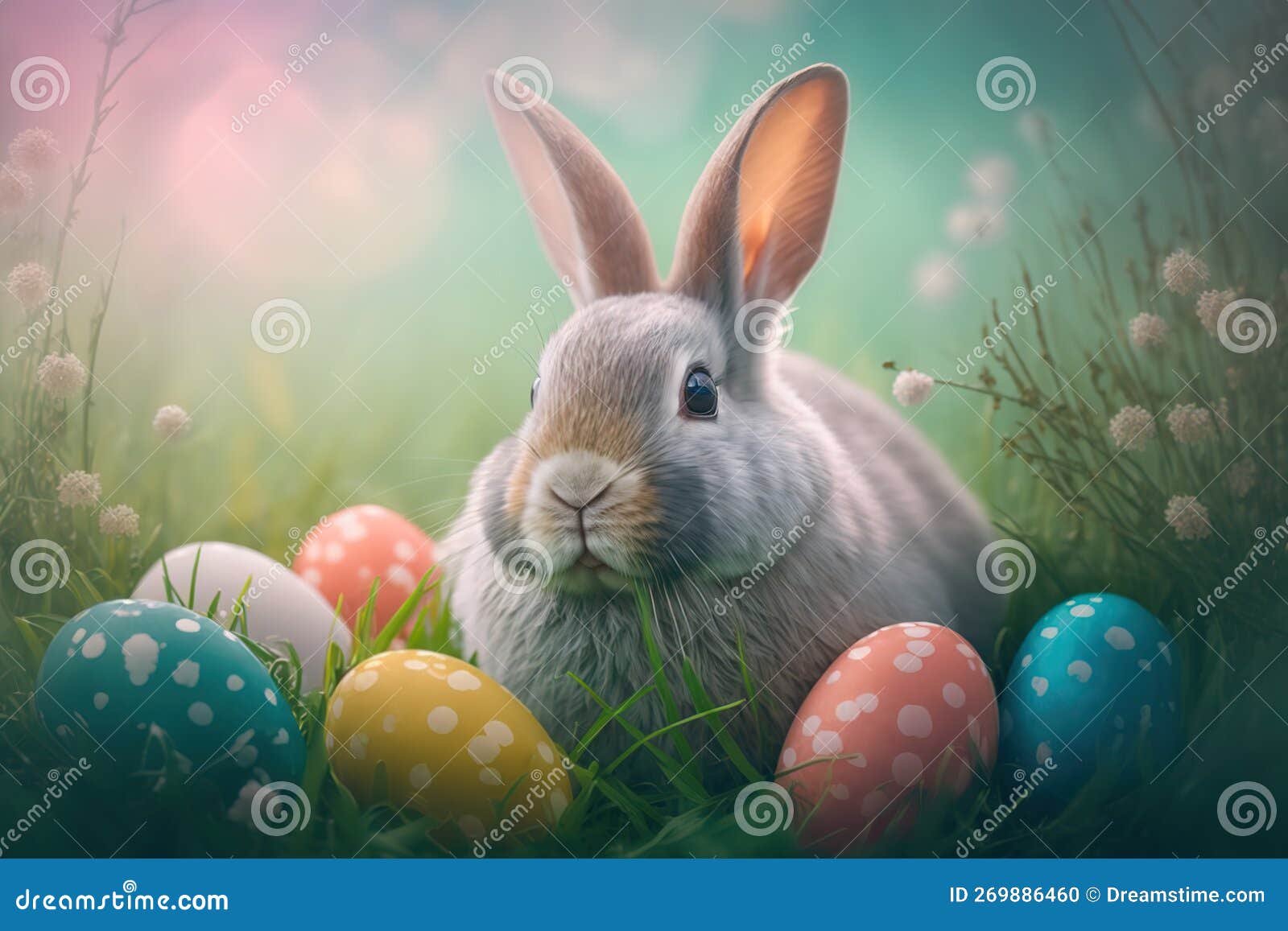 Generative AI. Fluffy Easter Bunny and Colored Easter Eggs on Green ...