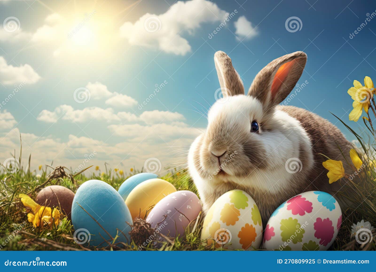 Generative AI. Fluffy Easter Bunny and Colored Easter Eggs on Green ...