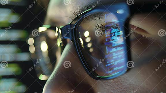 Generative AI Focused Developer Coder Wears Glasses Working on Computer Looking at Programming ...