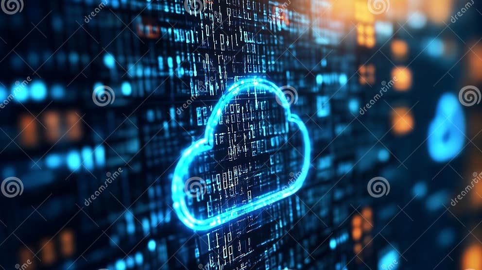 Generative AI Futuristic Digital Cloud Technology Concept with Glowing Cloud Symbol on Binary ...