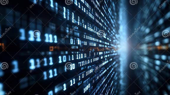 Generative AI Futuristic Digital Landscape with Cascading Binary Code Creating an Immersive Data ...