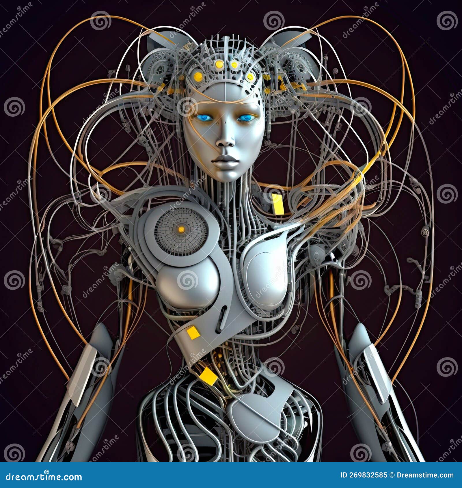 Generative AI. Futuristic Female Humanoid Robot From Which Many Metal ... Generative AI. Futuristic Female Humanoid Robot From Which Many Metal ...