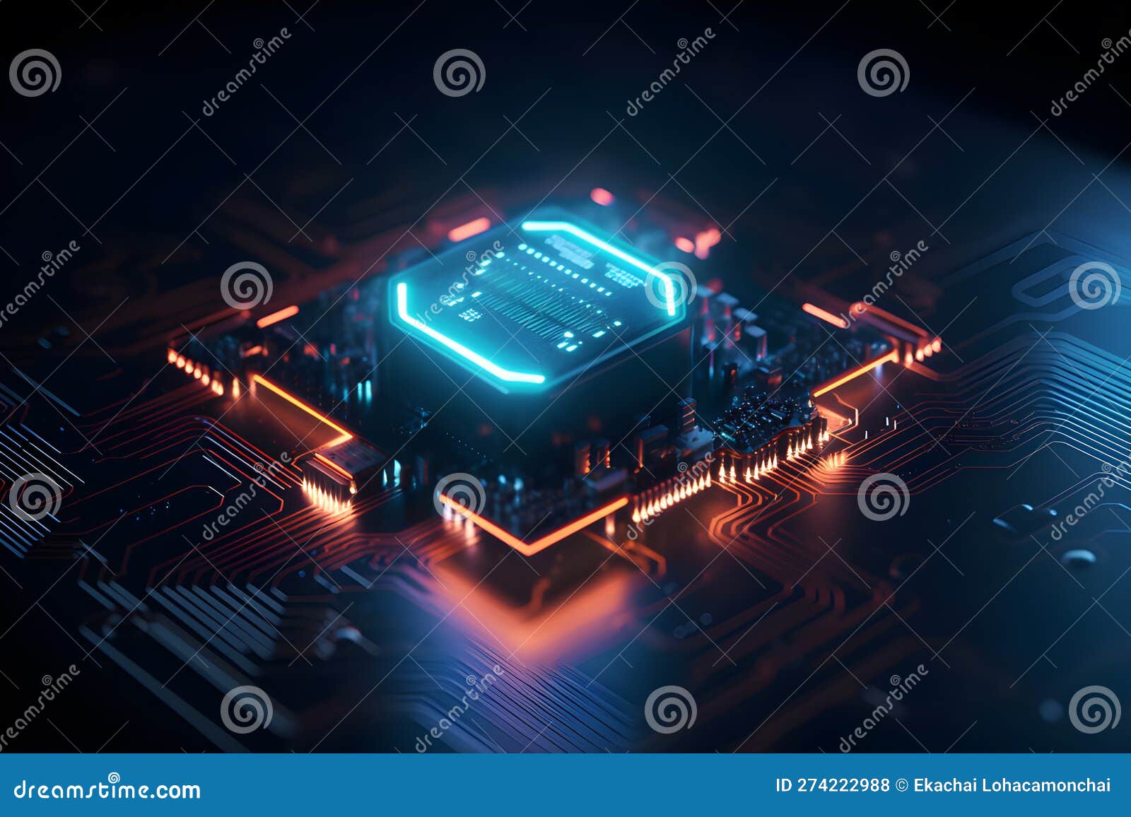 Generative AI. Futuristic Neon Microchip Circuit Board 3D Rendering Stock Photography ...