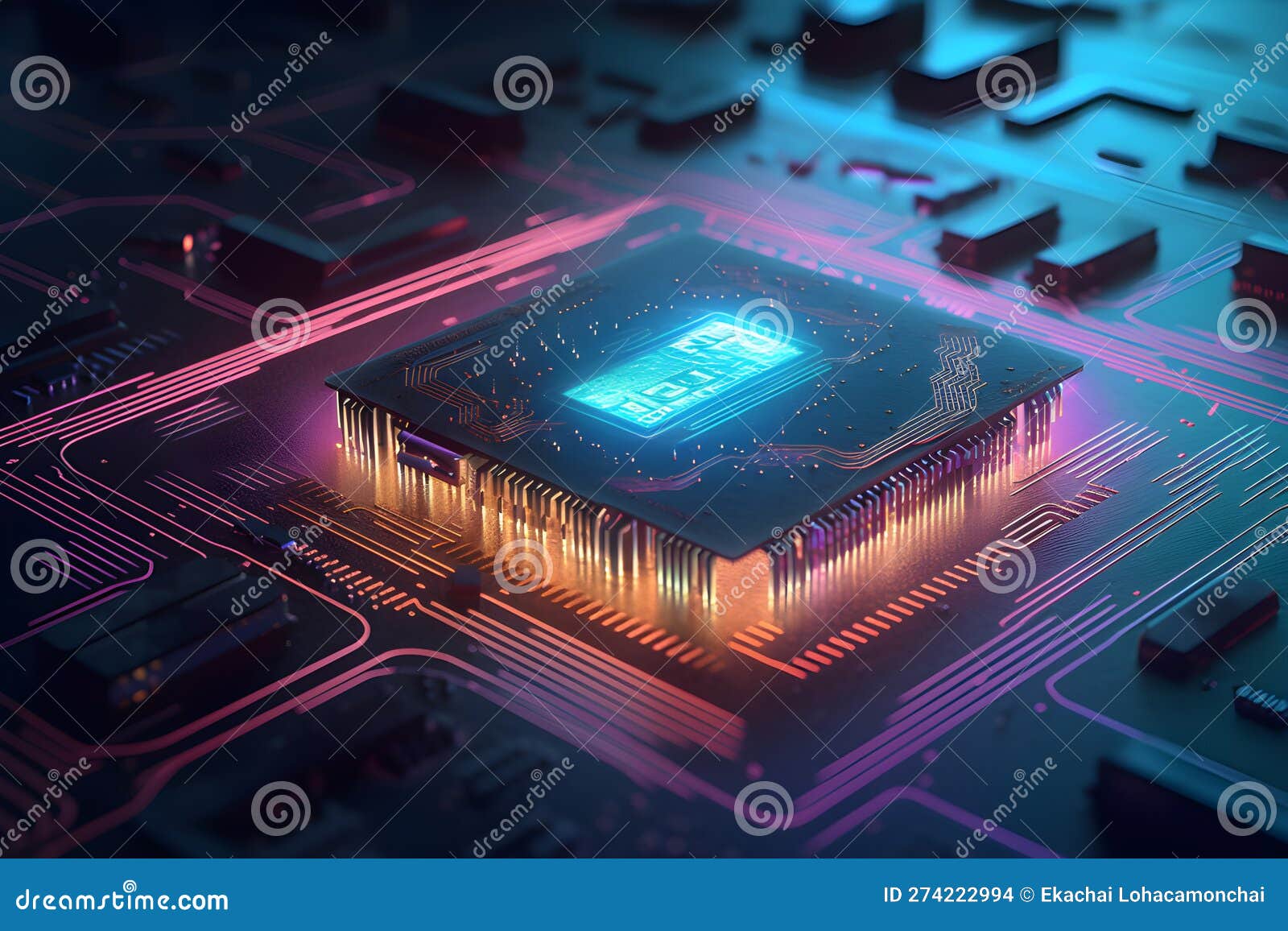 Generative Ai Futuristic Neon Microchip Circuit Board 3d Rendering Stock Illustration