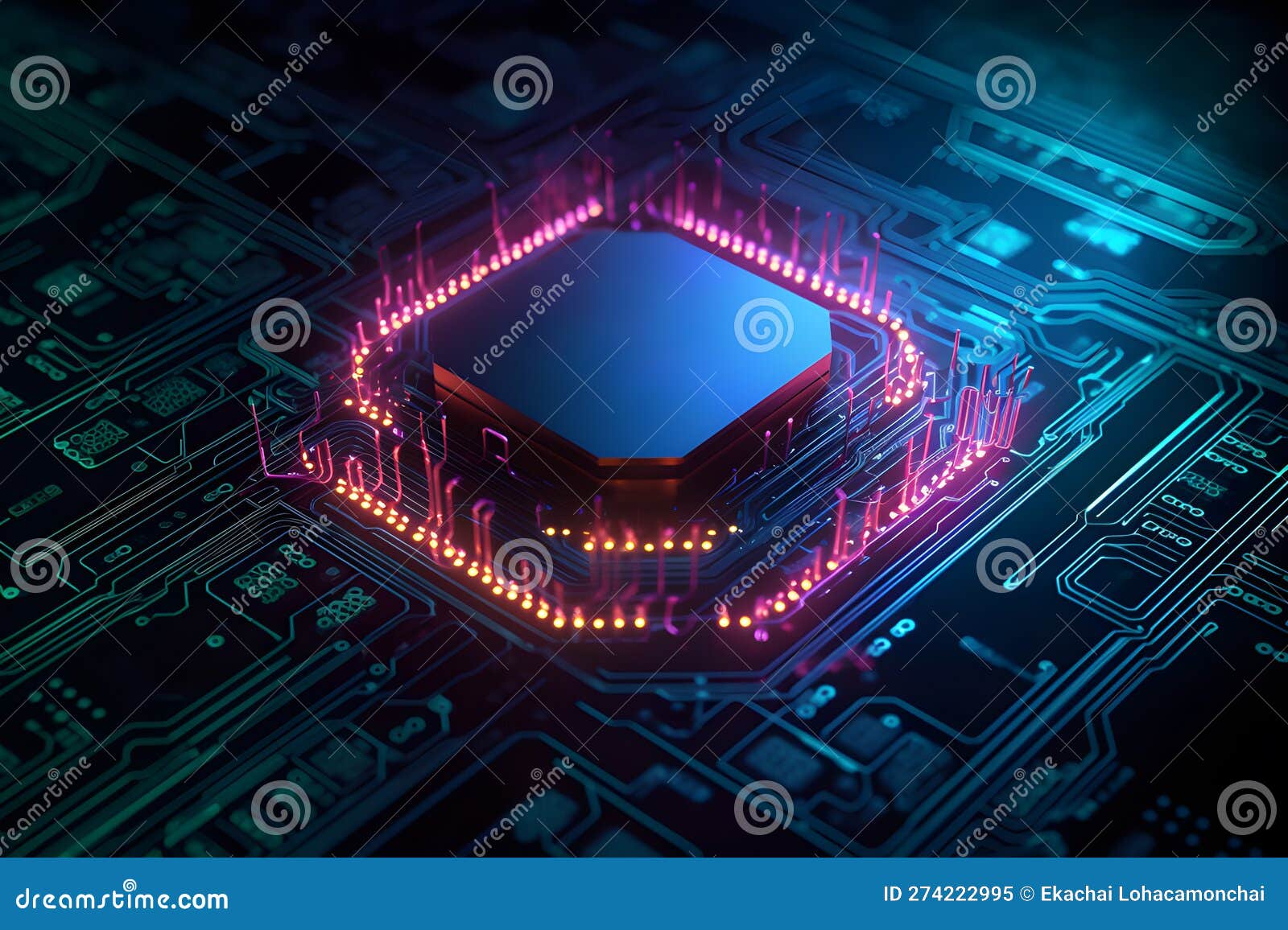 Generative AI. Futuristic Neon Microchip Circuit Board 3D Rendering Royalty-Free Stock Photo ...