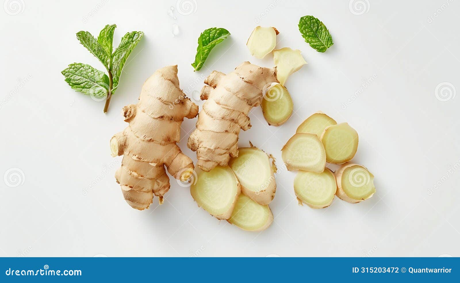 Generative AI Ginger Root with Sliced and Mint Leaf Isolated on White ...