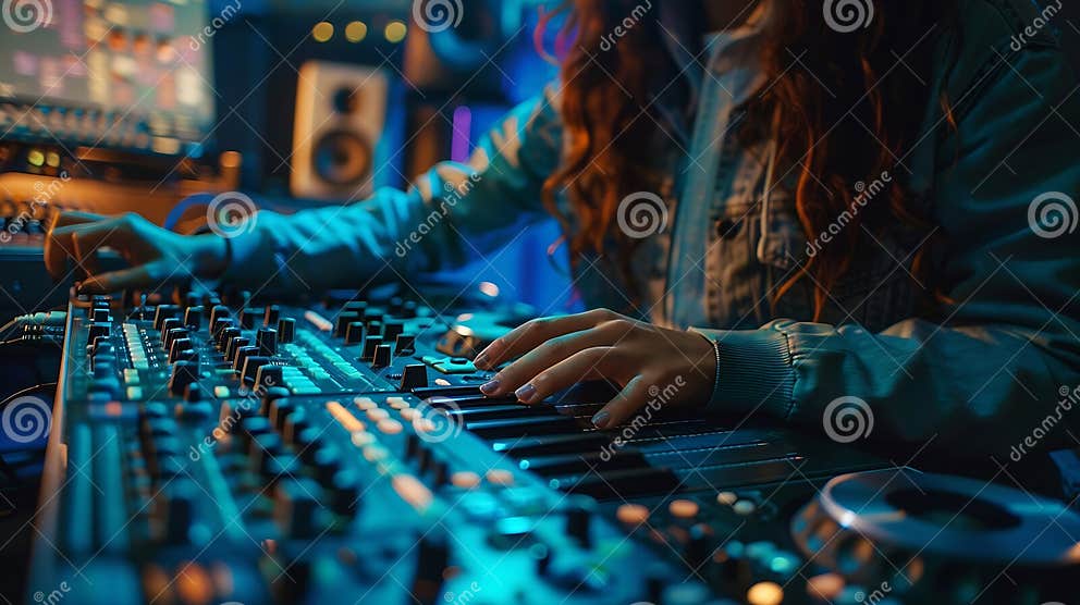 Generative AI Girl Filming Mixing Tutorial in Home Studio Showing Examples of Sampling on Sound ...