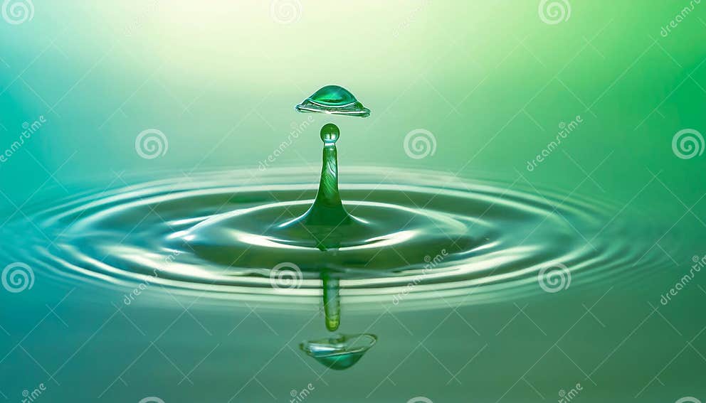 Generative AI, Green Gradient Water Drop Reflect on Water Surface ...
