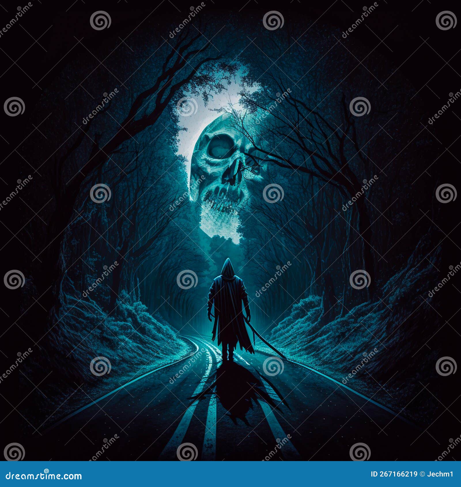 Generative Ai Grim Reaper Em Uma Estrada Lua Ilustração Stock ...