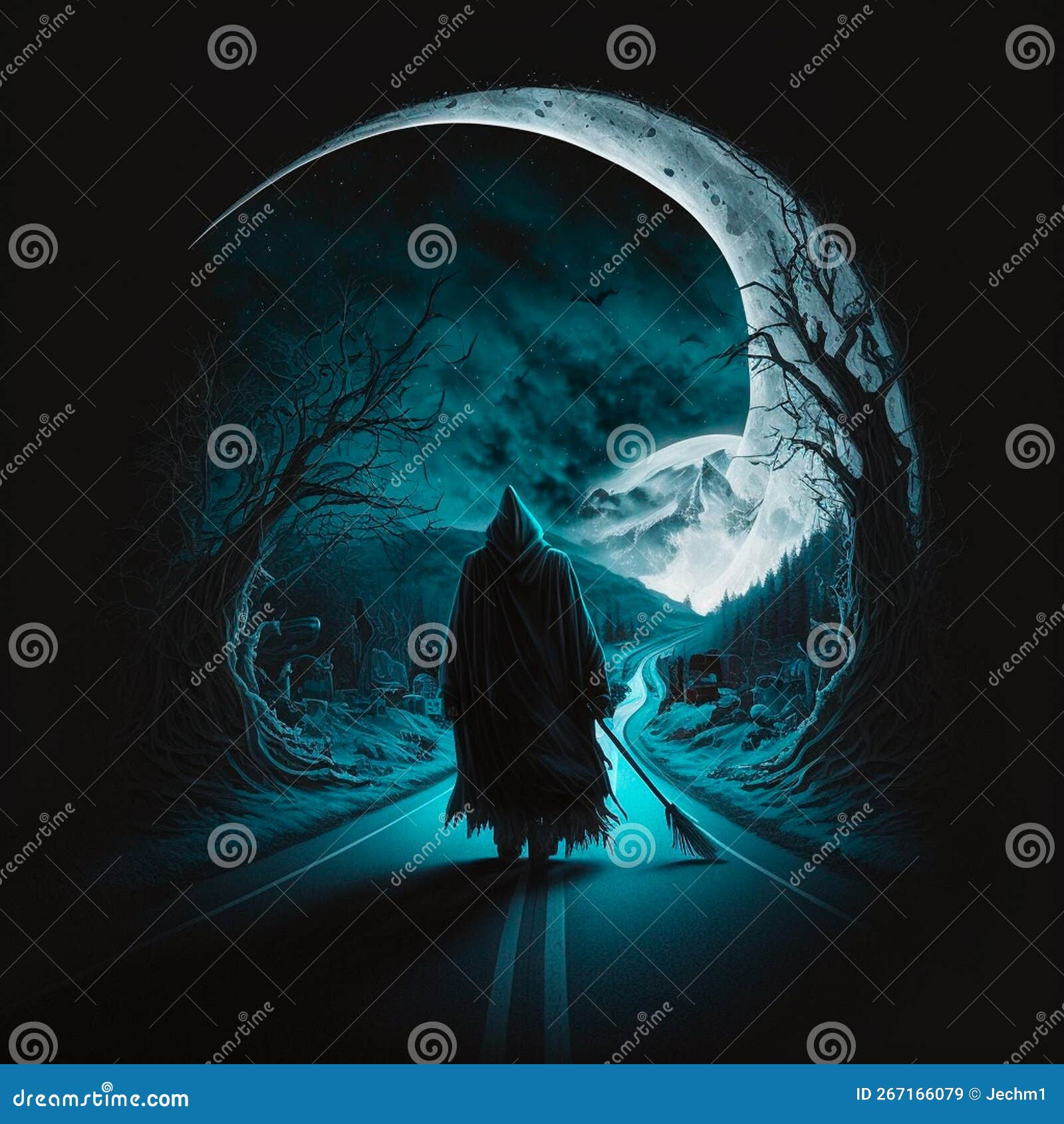 GENERATIVE AI, GENERATIVE, AI, Grim Reaper on a Moonlit Road Stock ...