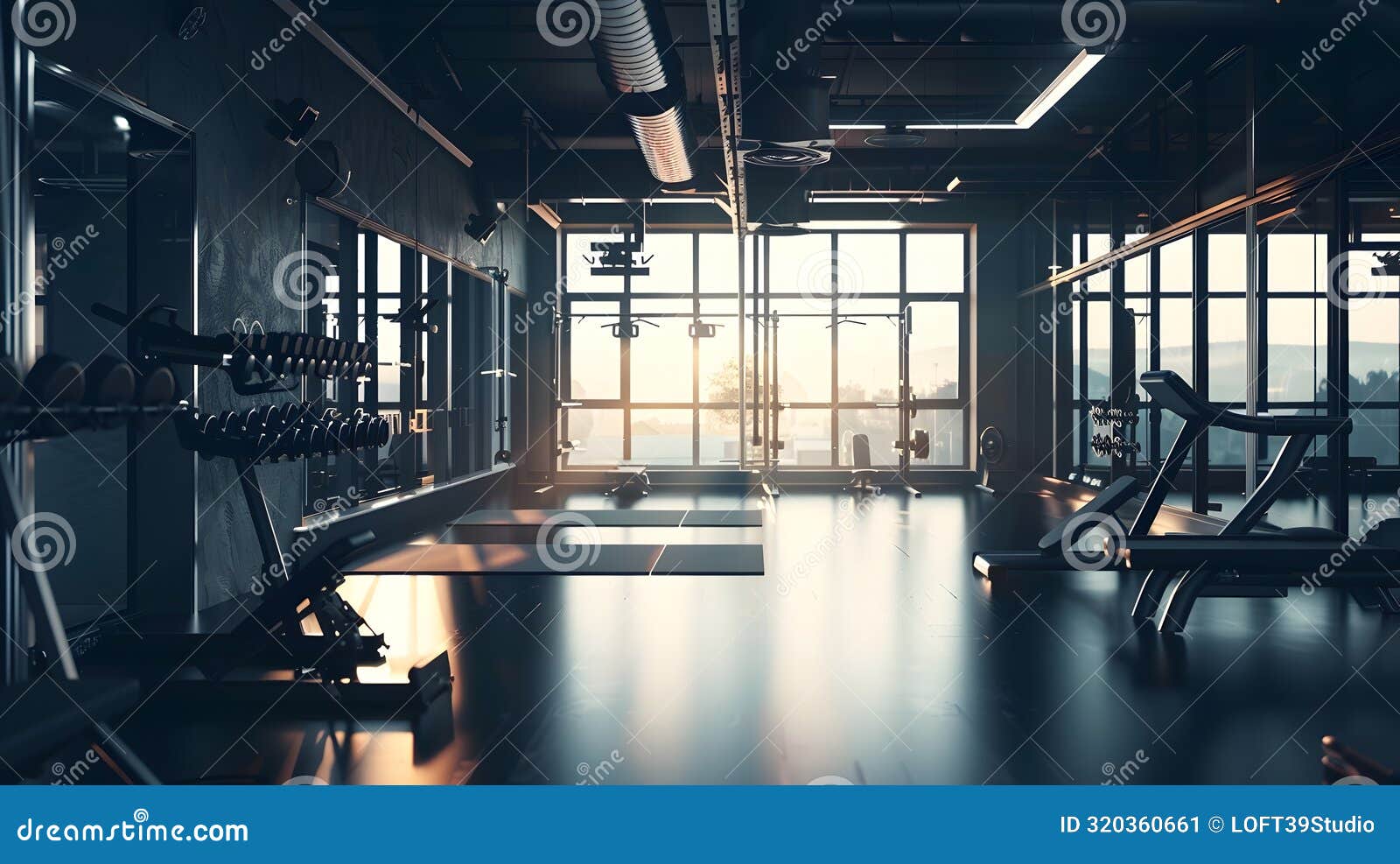 Generative AI Gym Interior and Empty Space or Dark Room with Window and ...