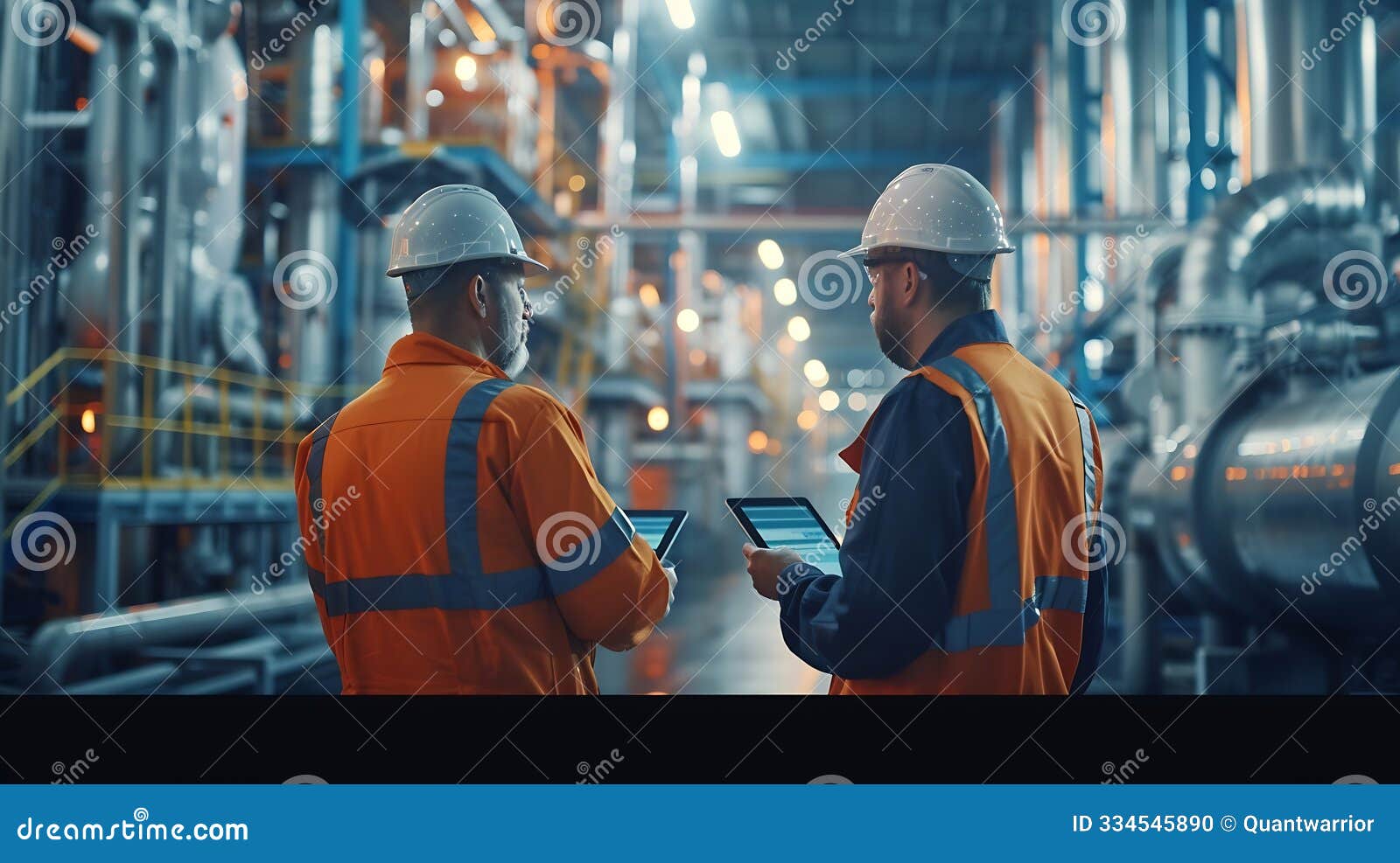 Generative AI Heavyduty Industrial Engineers Stand In A Pipeline Manufacturing Facility Using ...
