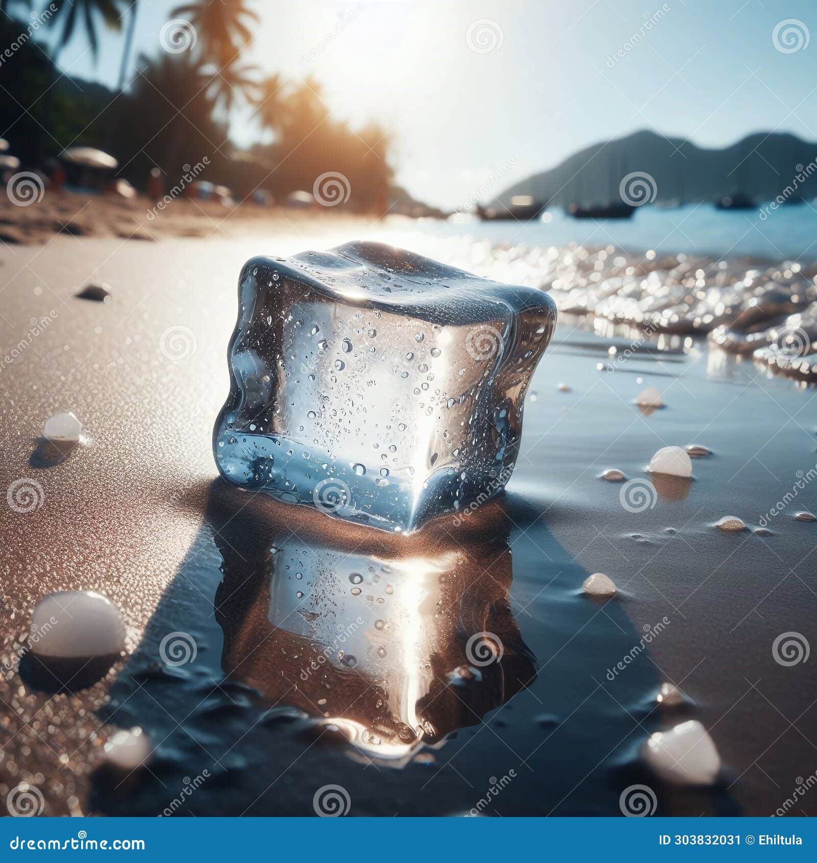 Generative AI Ice Cube Melting on the Beach Stock Illustration ...