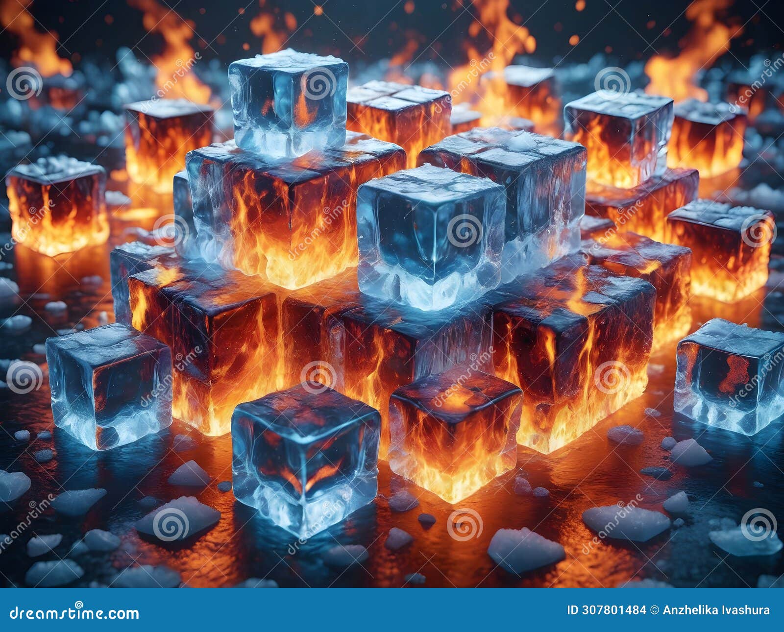 Ice Cubes Burn in Fire Bright Visualization Stock Illustration ...