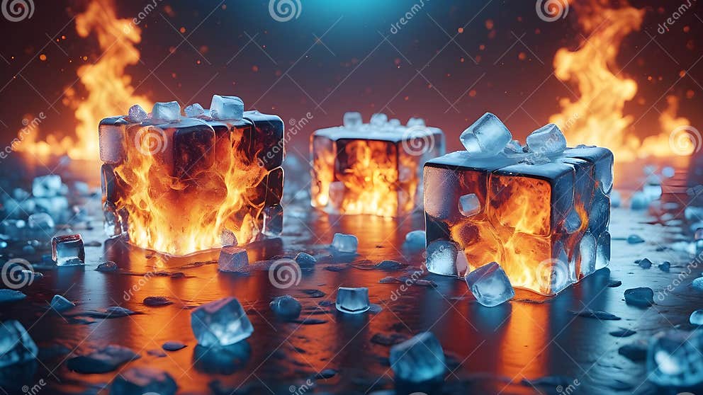 Ice Cubes Burn in Fire Bright Visualization Stock Illustration ...