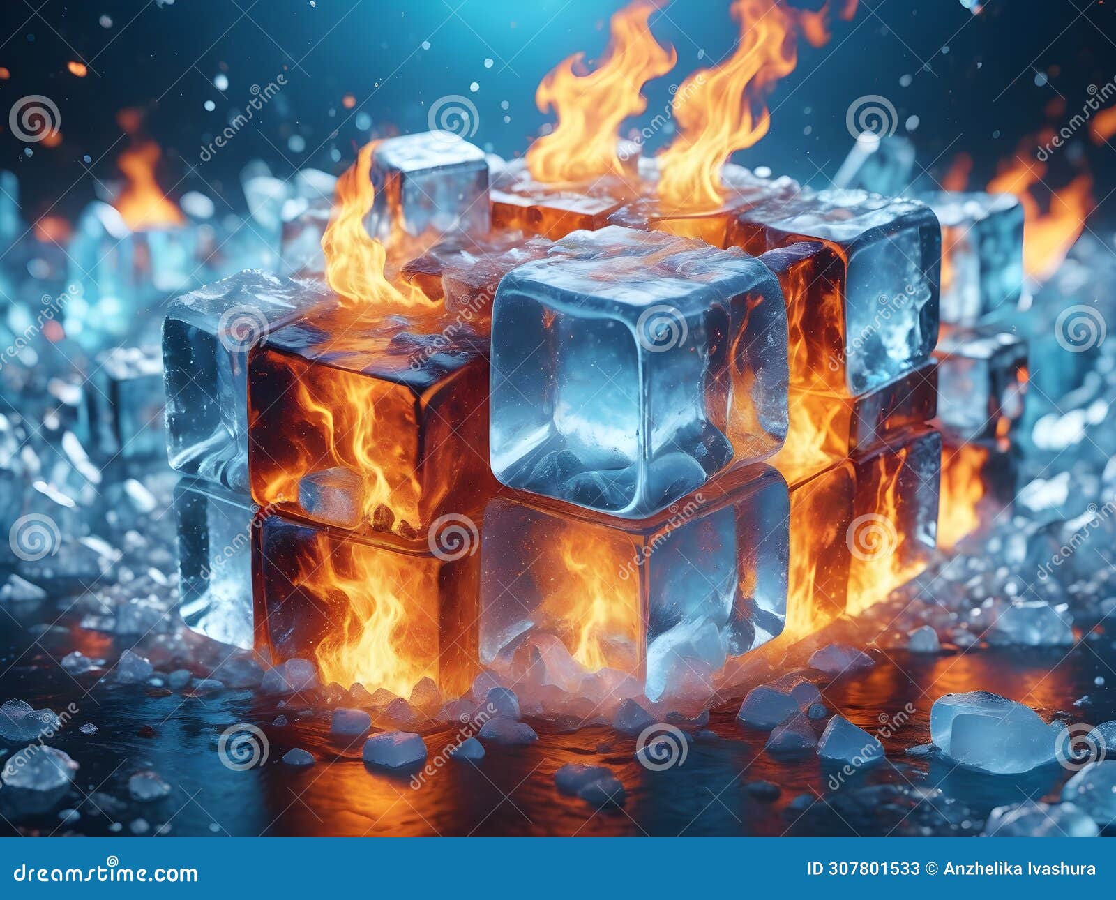 Ice Cubes Burn in Fire Bright Visualization Stock Illustration ...
