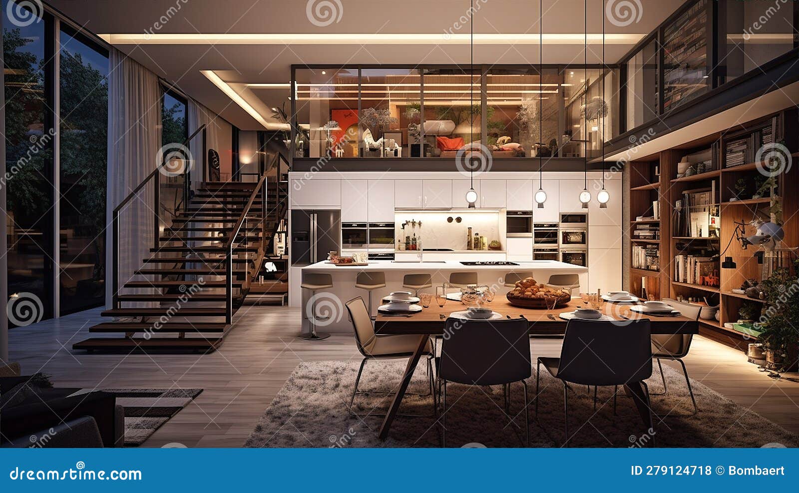 Generative Ai Illustration of Dining Room and Open Plan Kitchen by ...