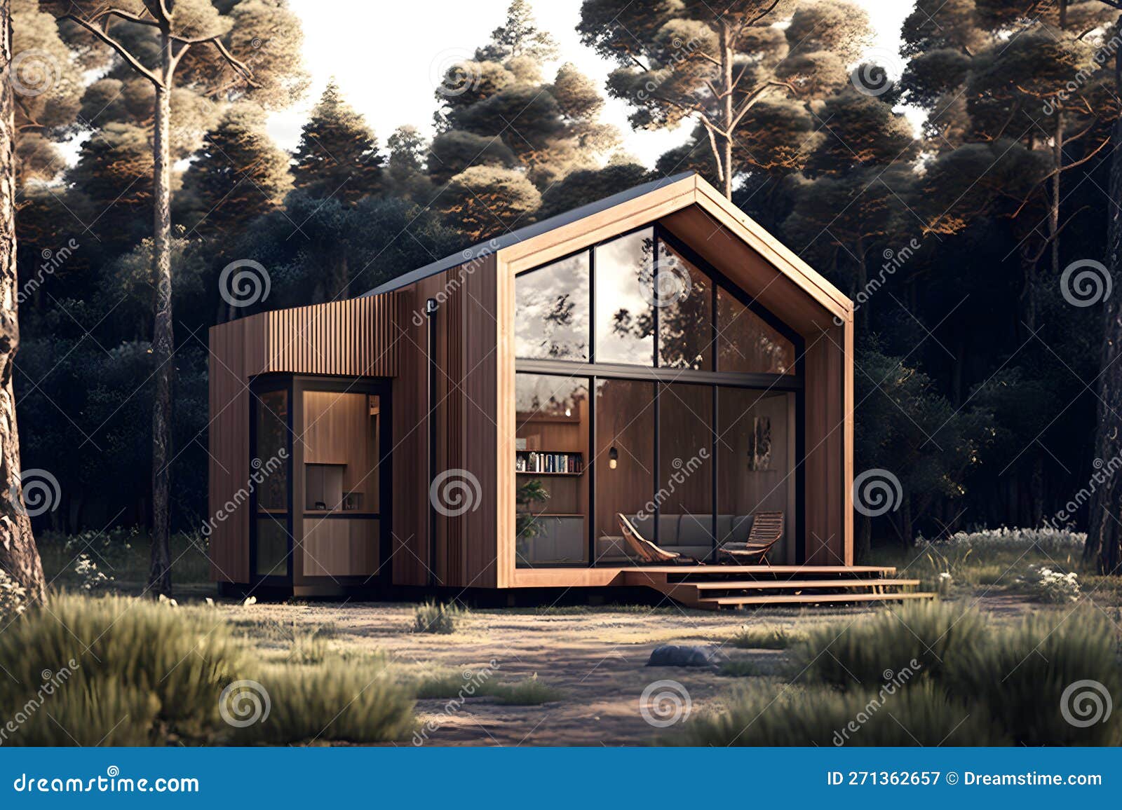 Generative AI Illustration. Front View of Modern Wooden Cabin with ...