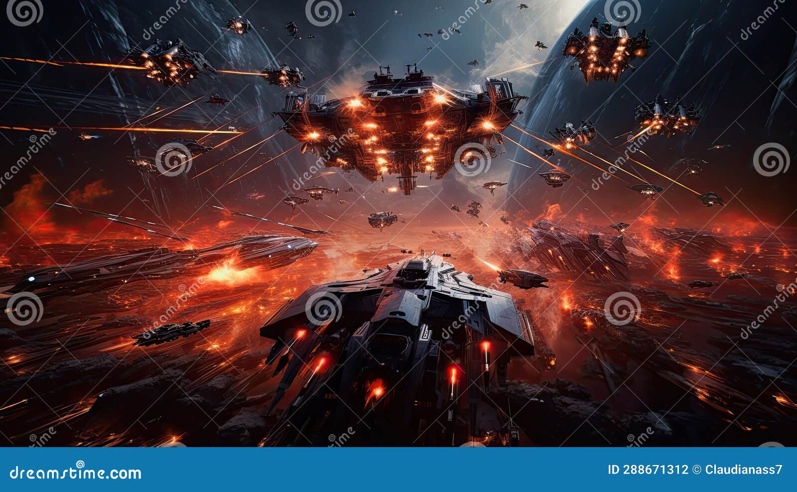 Intergalactic Spaceships in a Thrilling War Scenery Stock Illustration ...