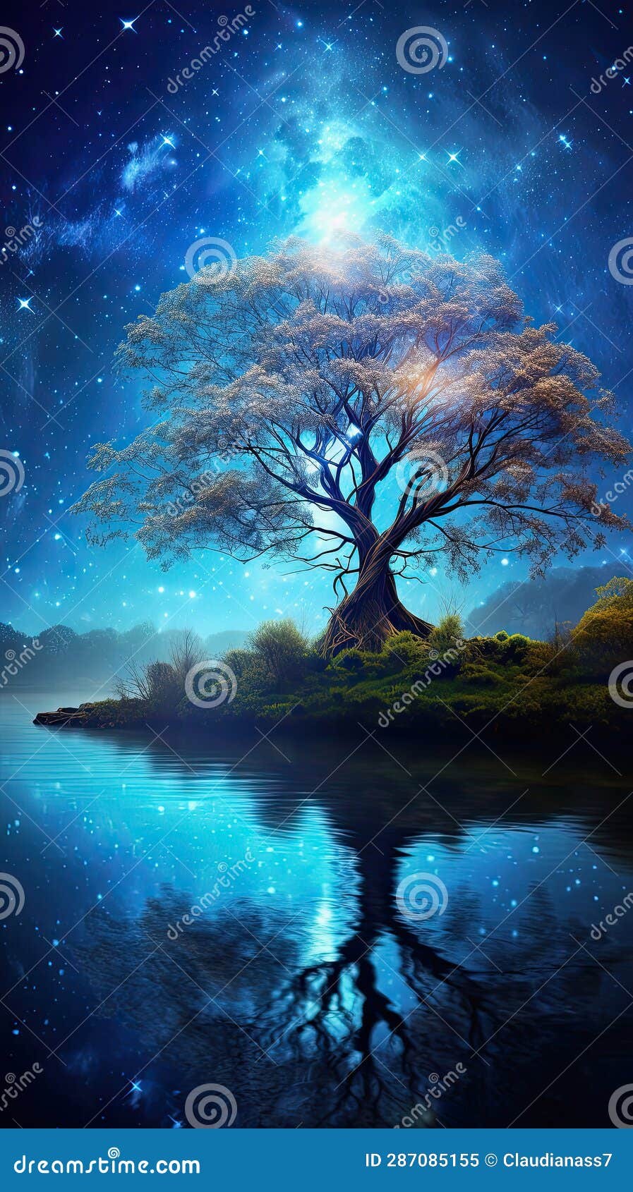 Magic Tree by a Lake Under Cosmic Night Sky Stock Image - Image of ...
