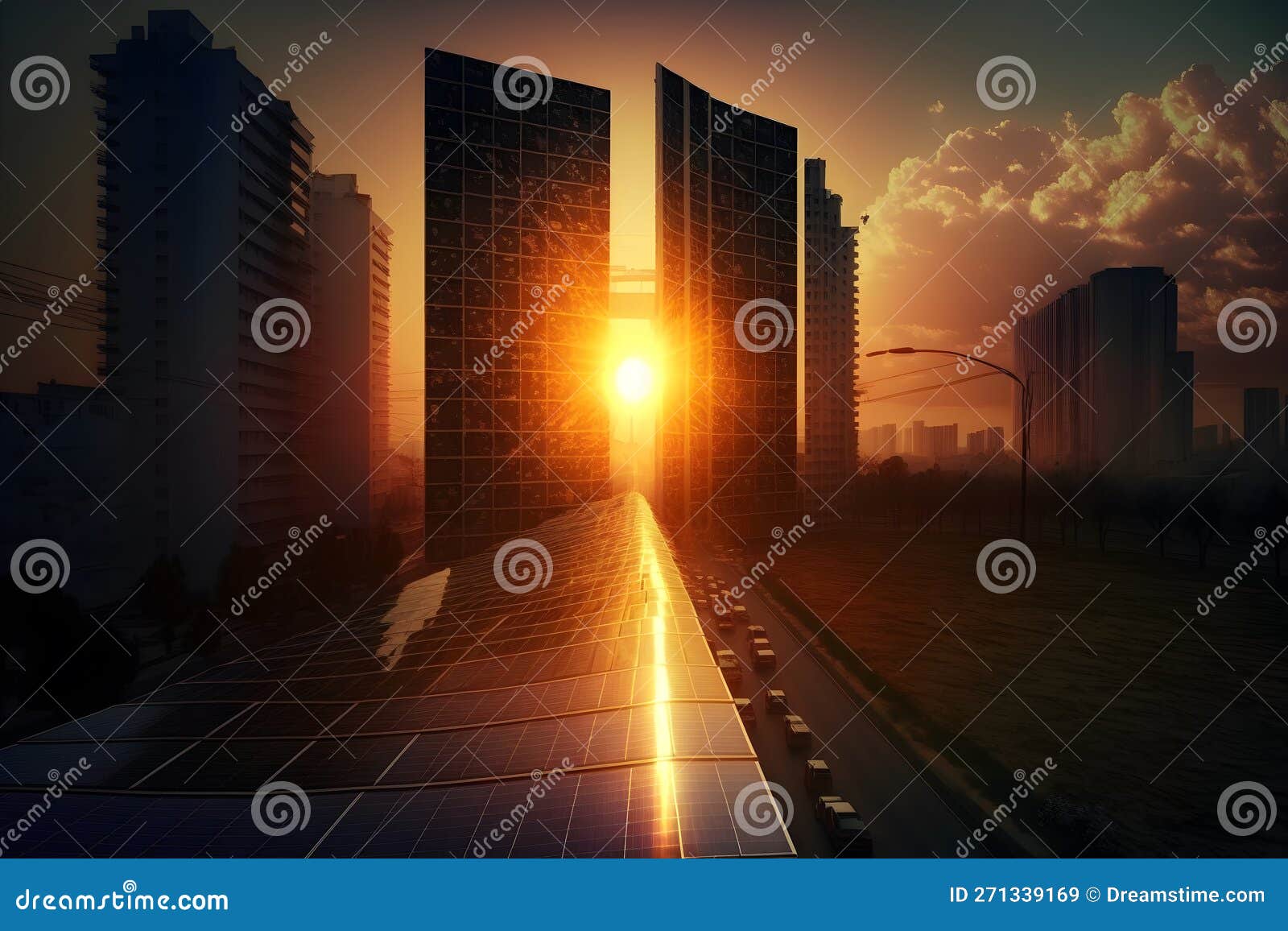 Generative AI. Modern Solar Farm Panoramic at Sunset on a Summers Day ...