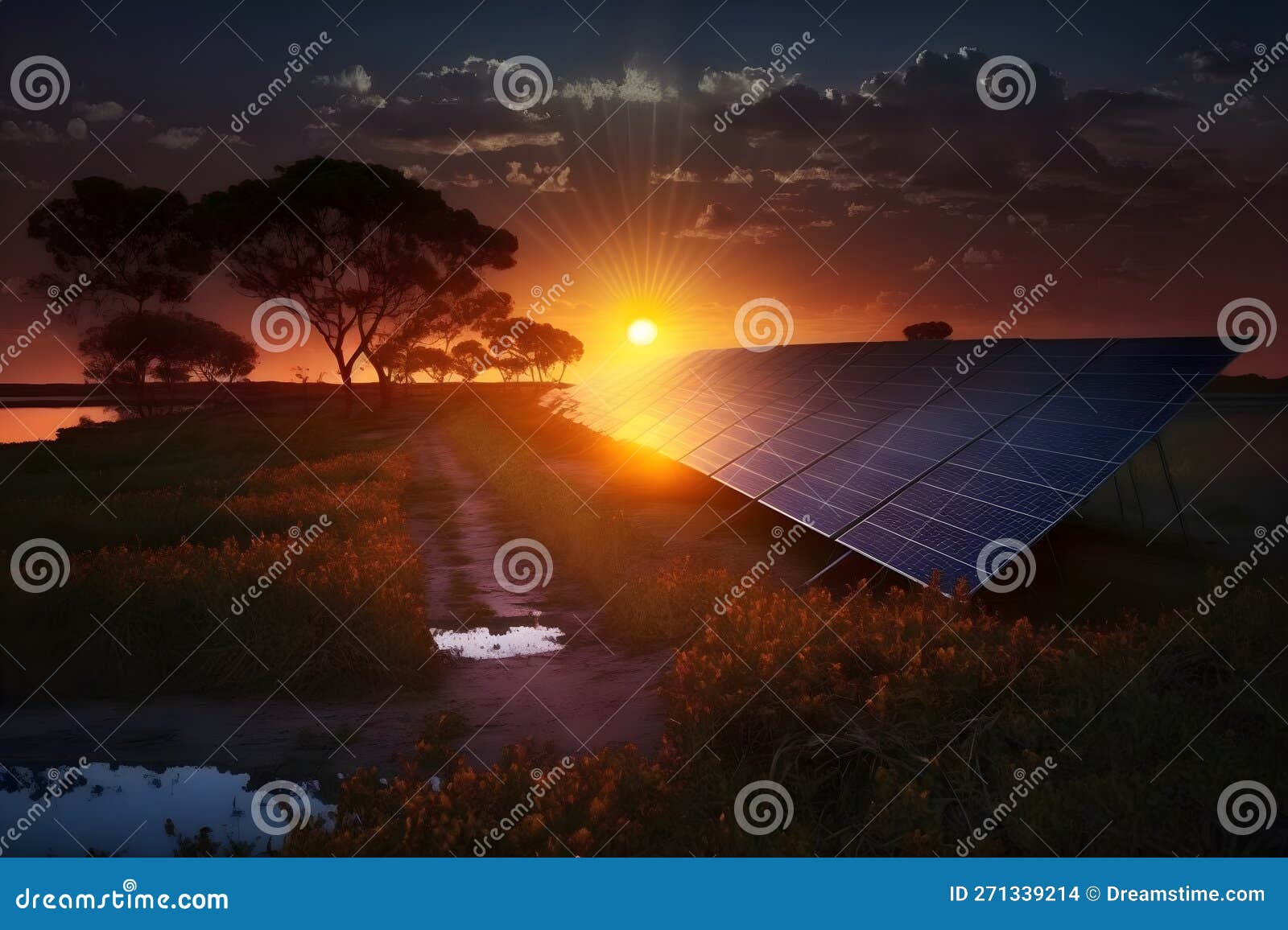 Generative AI. Modern Solar Farm Panoramic at Sunset on a Summers Day ...