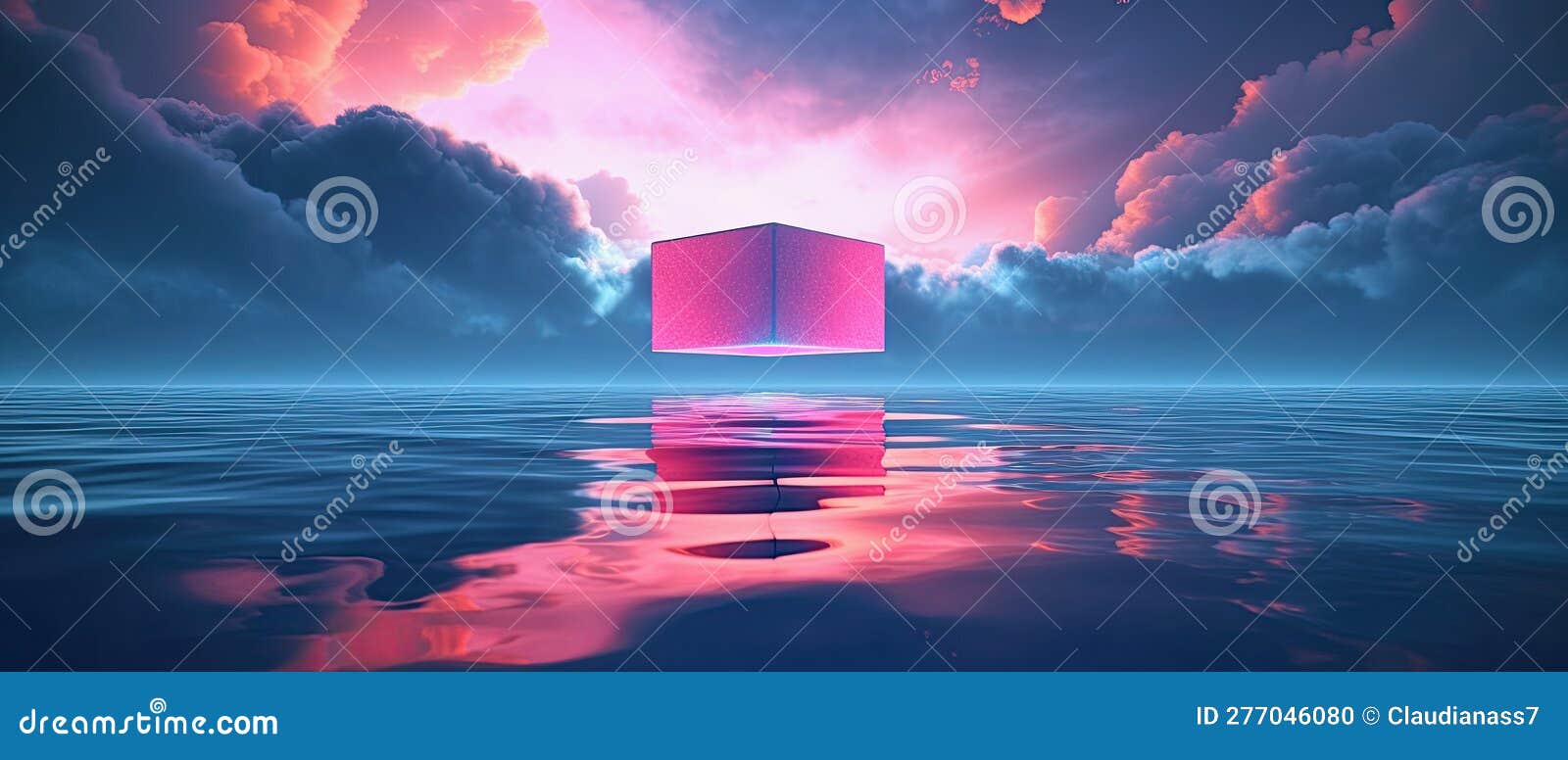 Pink Floating Square Over a Water Surface with Reflection, Generative Ai Stock Illustration ...
