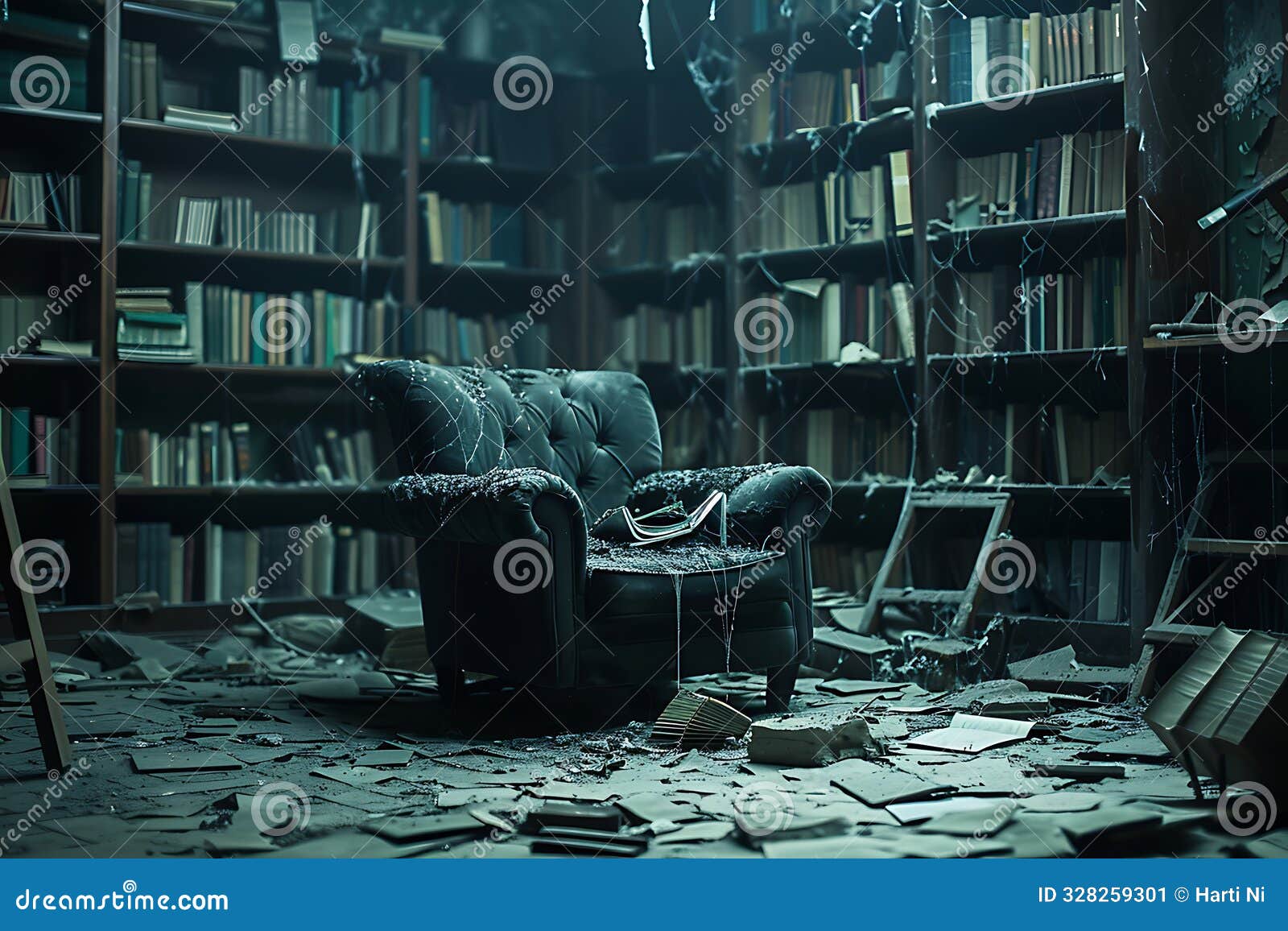 Generative AI Image of Abandoned Library Room with Dust and Damage ...