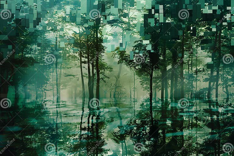 Generative AI Image of Abstract Digital Forest with Pixel Stock ...