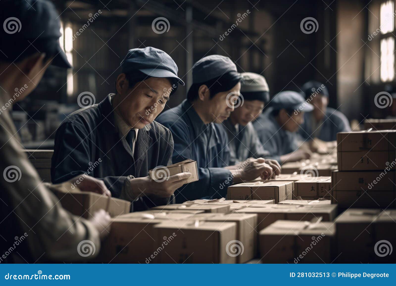 Generative AI Image of Asian Male Workers in Uniform Checking Packages ...