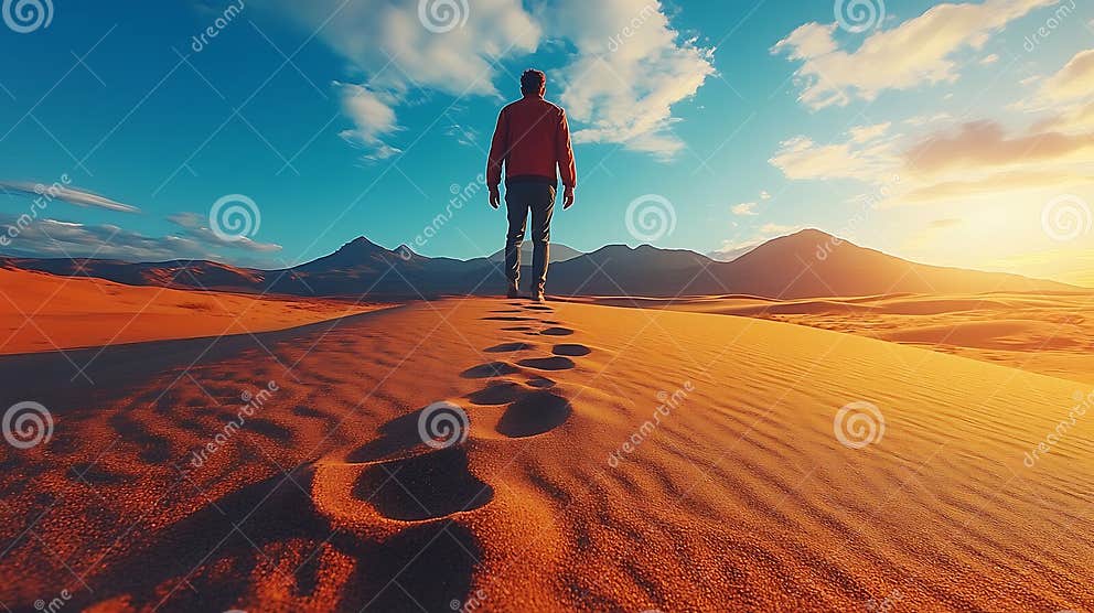 Generative AI Image of Back View of Man Standing in Desert with ...