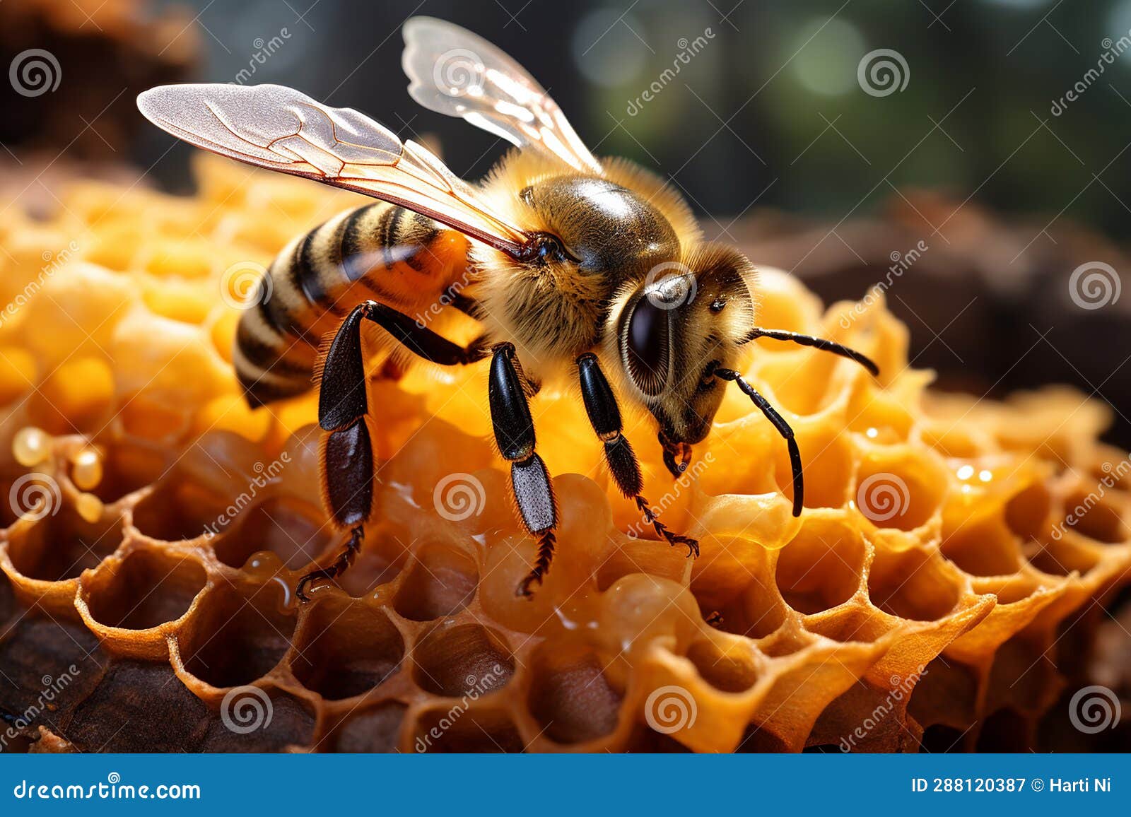 Generative AI Image of Bee Working in a Honeycomb with Producing Honey ...