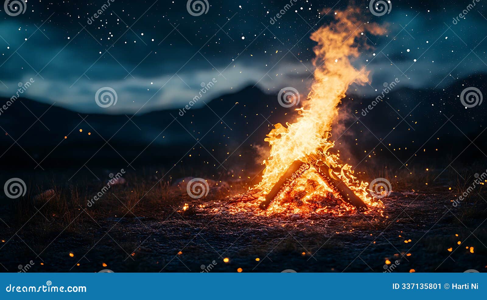 Generative AI Image of Bonfire Flame at Midnight with Mountain View ...