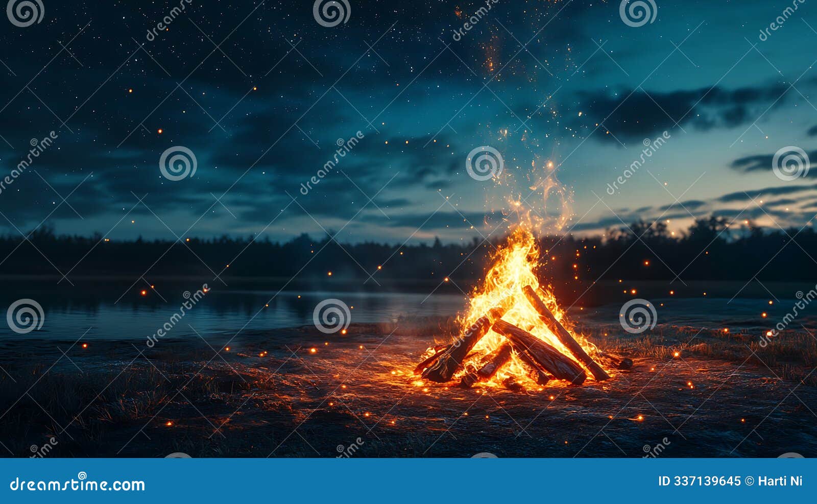 Generative AI Image of Bonfire Flame at Midnight with Sunset Sunrise ...