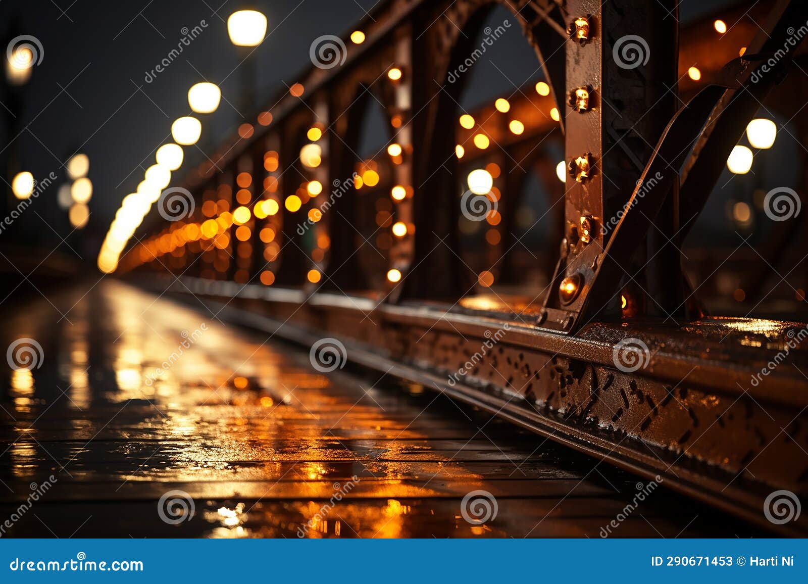 Generative AI Image of Bridge with Bokeh Lights Background at Night Stock Illustration ...
