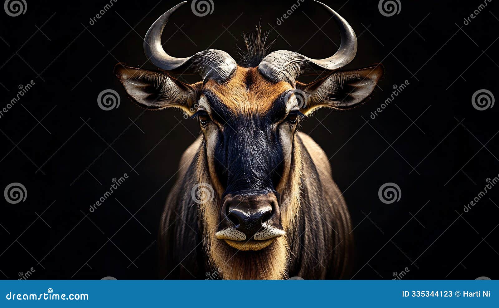 Generative AI Image of Close Up Wildebeest Face with Black Background ...