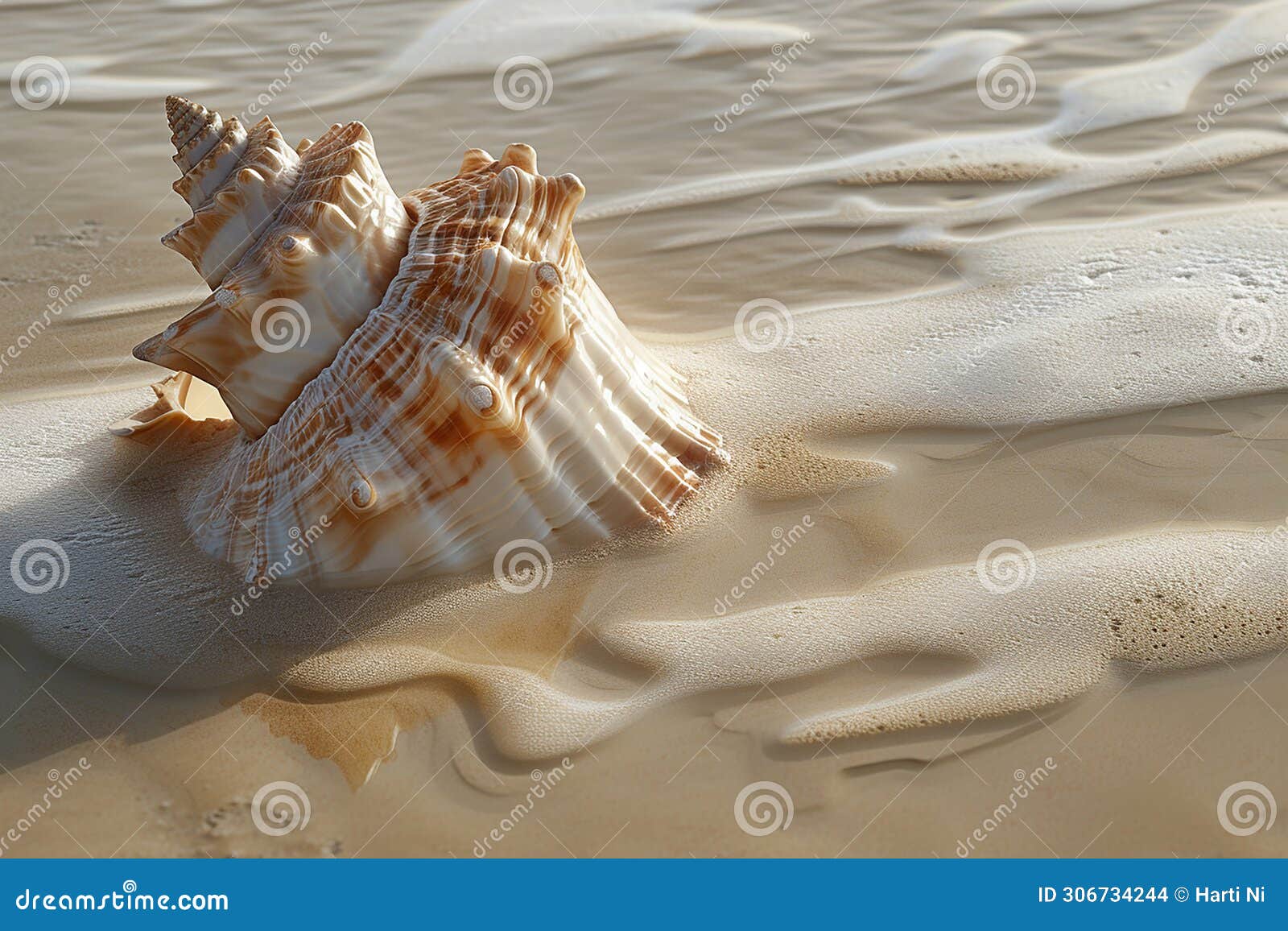 Generative AI Image of Conch Sea Shell on Beach Sand with Water Waves ...
