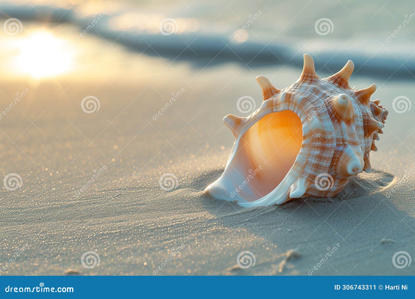 Generative AI Image of Conch Shell on Beach Sand with Waves Stock ...