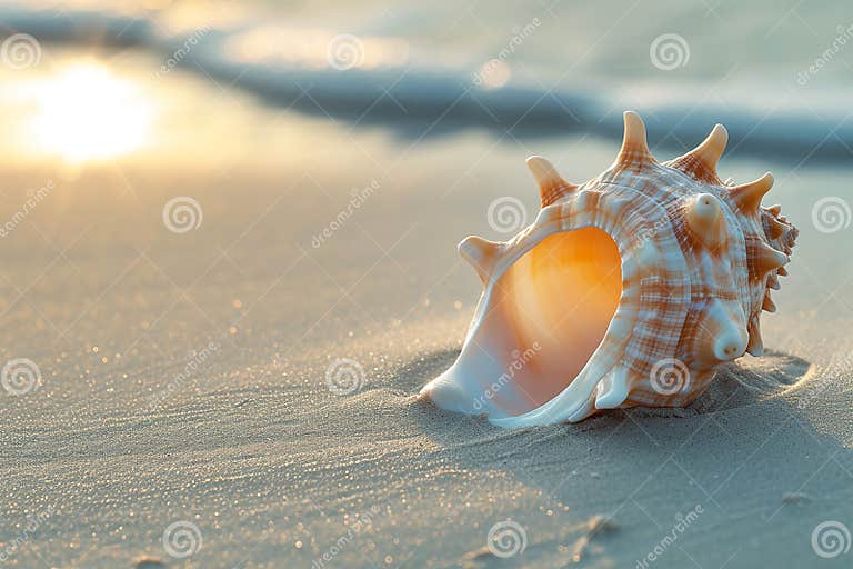 Generative AI Image of Conch Shell on Beach Sand with Waves Stock ...
