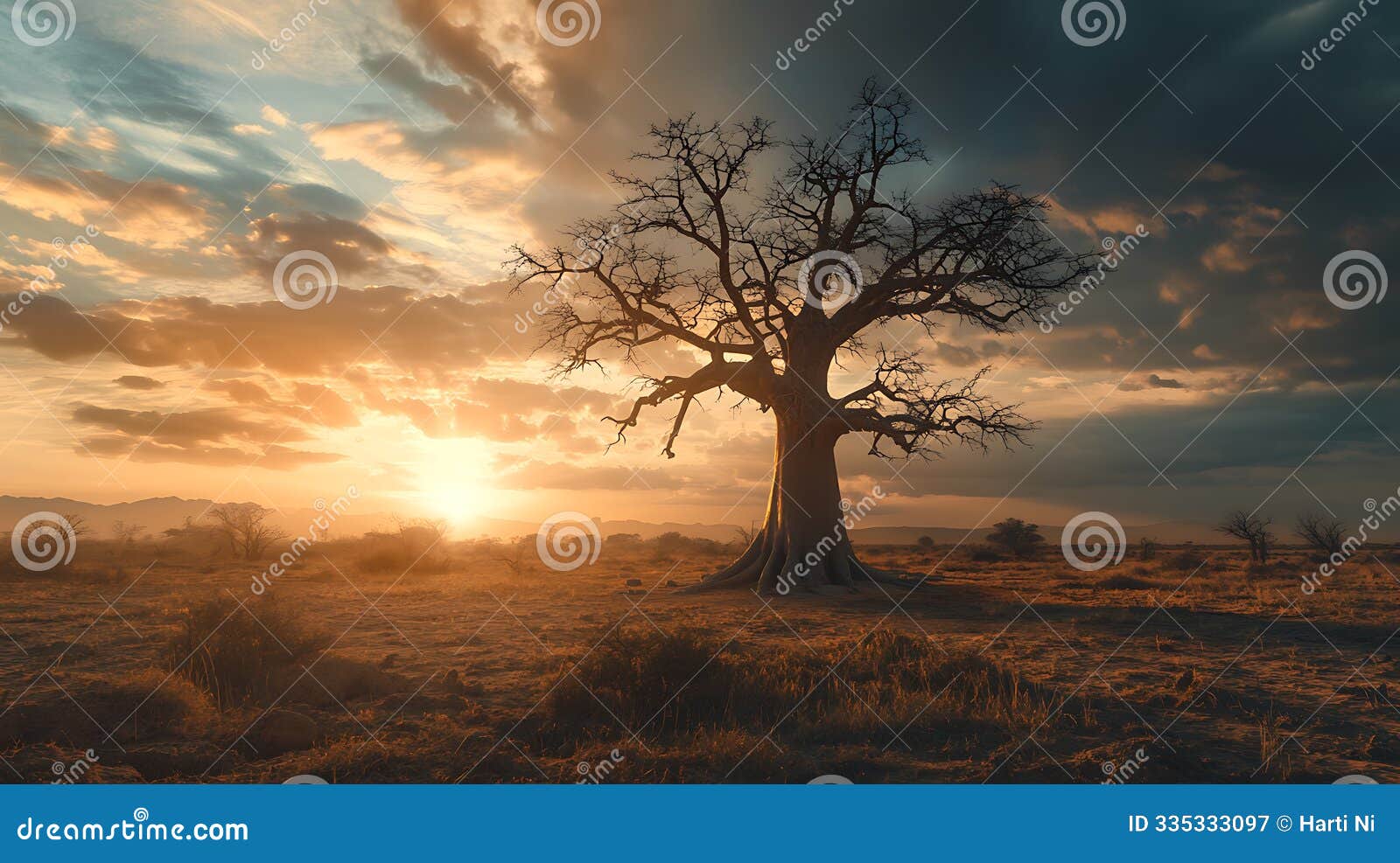 Generative AI Image of Desolate Barren Meadow Fragile Tree at Sunrise ...